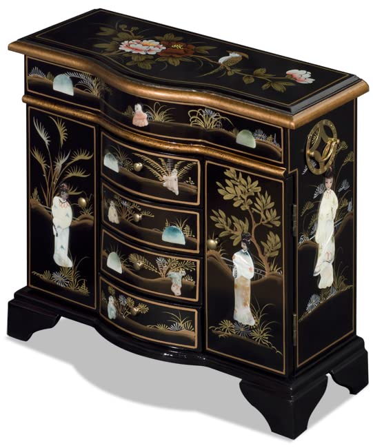 ChinaFurnitureOnline Wooden Oriental Jewelry Chest, Black Lacquer Chinoiserie with Pearl Maidens