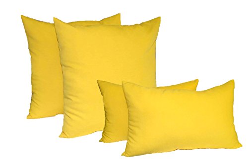 Set of 4 Indoor / Outdoor Pillows - 2 Square Pillows & 2 Rectangle / Lumbar Decorative Throw Pillows - Solid Yellow (17" x 17" Square & 11" x 19" Lumbar)