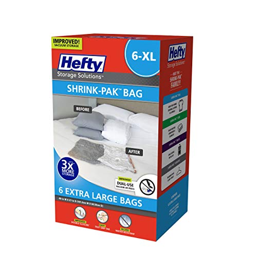 Hefty Shrink-Pak – 6 Extra Large Vacuum Seal Storage Bags – Space Saver Bags for Clothing, Pillows, Towels, or Blankets, 6 x XL Bags