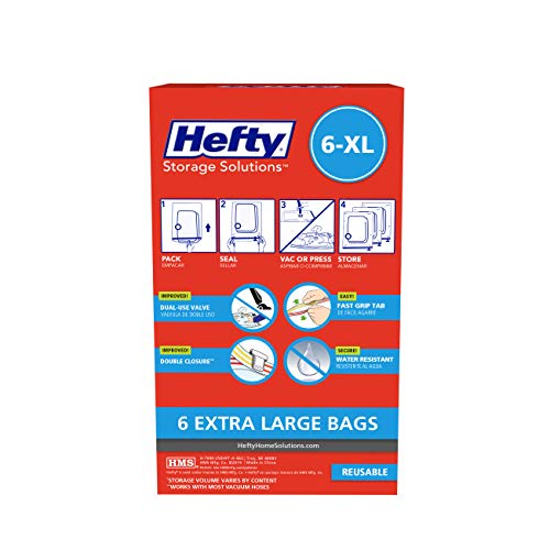 Hefty Shrink-Pak – 6 Extra Large Vacuum Seal Storage Bags – Space Saver Bags for Clothing, Pillows, Towels, or Blankets, 6 x XL Bags