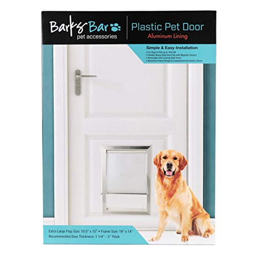 BarksBar Large Plastic Dog Door with Aluminum Lining and Soft Vinyl Flap, 2-Way Security Locking Slide Panel, Telescoping Frame - Large 10.5 by 15 inches Flap Size, White