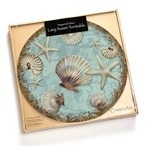 CounterArt Coastal Charm 4mm Heat Tolerant Tempered Glass Lazy Susan Turntable 13" Round Cake Plate Pizza Server