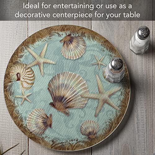 CounterArt Coastal Charm 4mm Heat Tolerant Tempered Glass Lazy Susan Turntable 13" Round Cake Plate Pizza Server