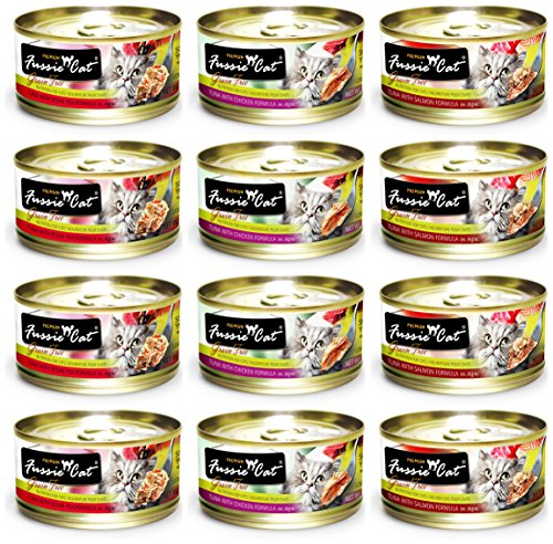 Fussie Cat Premium Grain Free Canned Cat Food 3 Flavor Variety Bundle: (4) Tuna with Chicken, (4) Tuna with Salmon and (4) Tuna with Ocean Fish, 2.82 Oz Each (12 Cans Total)