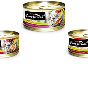 Fussie Cat Premium Grain Free Canned Cat Food 3 Flavor Variety Bundle: (4) Tuna with Chicken, (4) Tuna with Salmon and (4) Tuna with Ocean Fish, 2.82 Oz Each (12 Cans Total)