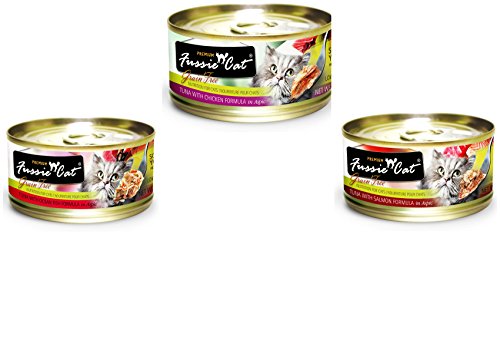 Fussie Cat Premium Grain Free Canned Cat Food 3 Flavor Variety Bundle: (4) Tuna with Chicken, (4) Tuna with Salmon and (4) Tuna with Ocean Fish, 2.82 Oz Each (12 Cans Total)