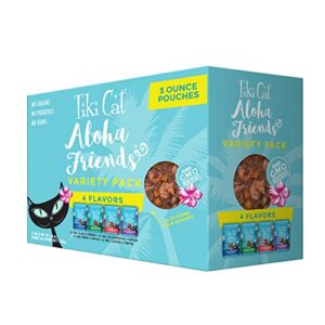 tiki cat aloha friends variety pack, seafood flavors with pumpkin, wet, high-protein & high-moisture cat food, for all life stages, 3 oz. pouch (case of 12)