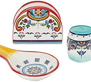 Euro Ceramica Zanzibar Collection Vibrant Ceramic Tableware Necessities, 4 Piece Completer Set, Spanish Floral Design, Multicolor