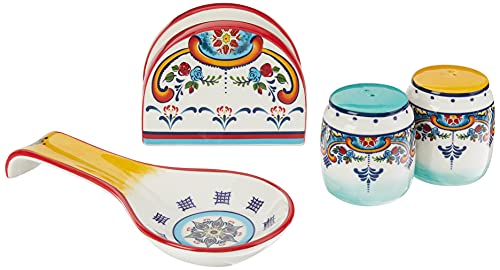 Euro Ceramica Zanzibar Collection Vibrant Ceramic Tableware Necessities, 4 Piece Completer Set, Spanish Floral Design, Multicolor