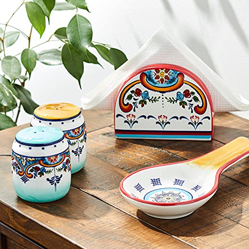 Euro Ceramica Zanzibar Collection Vibrant Ceramic Tableware Necessities, 4 Piece Completer Set, Spanish Floral Design, Multicolor