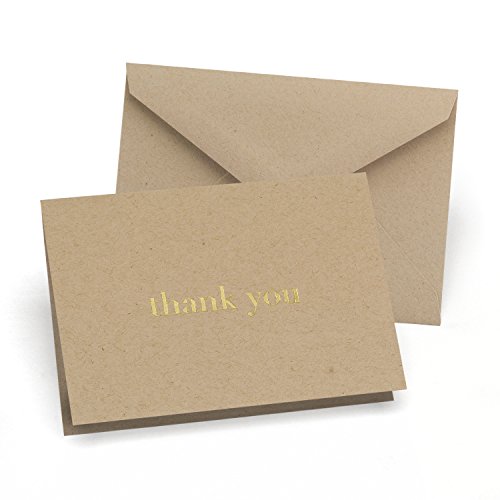 Hortense B. Hewitt 50-Count Kraft Natural and Gold Thank You Note Cards, 4.8 x 3.3-Inches