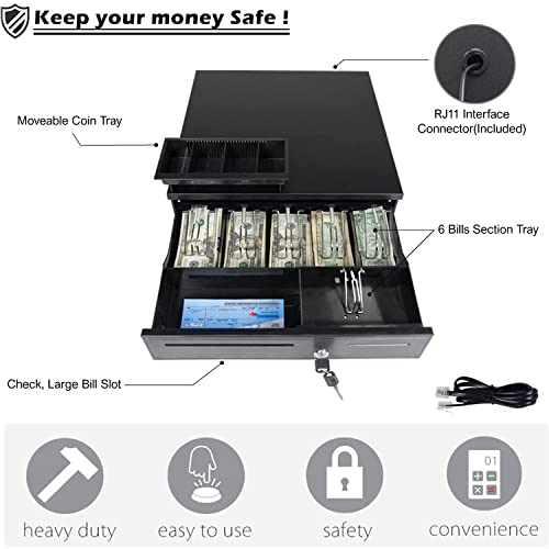 PARTYSAVING 16" Black Open Cash Register Drawer for Point of Sale (POS) System, 6 Bills and 4 Movable Coin Trays with Key Lock, Heavy Duty, APL1304