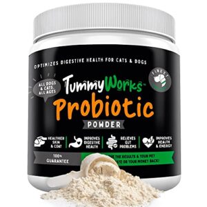 tummyworks probiotic powder for dogs & cats. relieves diarrhea, upset stomach, gas, constipation & bad breath, itching, allergies & yeast infections. added digestive enzymes & prebiotics. made in usa