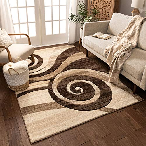 Desert Swirl Brown & Beige Modern Geometric Comfy Casual Spiral Hand Carved Area Rug 5x7 (5'3" x 7'3") Easy to Clean Stain Fade Resistant Contemporary Thick Soft Plush Living Dining Room Rug