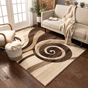 Desert Swirl Brown & Beige Modern Geometric Comfy Casual Spiral Hand Carved Area Rug 5x7 (5'3" x 7'3") Easy to Clean Stain Fade Resistant Contemporary Thick Soft Plush Living Dining Room Rug