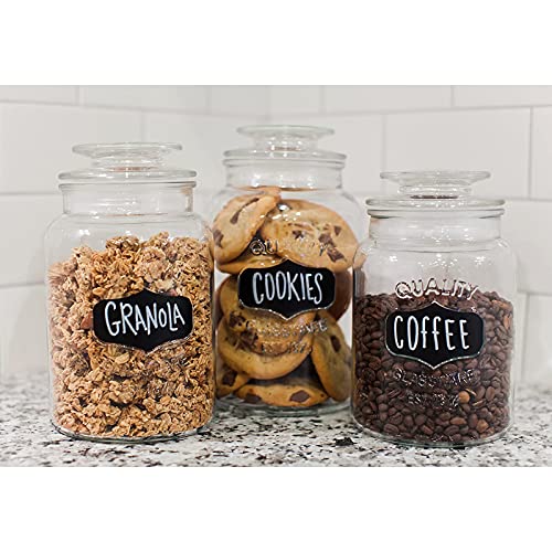 Kitchen Round Clear Glass Airtight Lids Chalkboard Canister Jar (Set of 3) with 3 Stick on Labels and Chalk Small