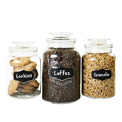 Kitchen Round Clear Glass Airtight Lids Chalkboard Canister Jar (Set of 3) with 3 Stick on Labels and Chalk Small