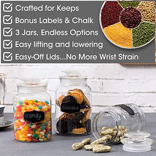 Kitchen Round Clear Glass Airtight Lids Chalkboard Canister Jar (Set of 3) with 3 Stick on Labels and Chalk Small