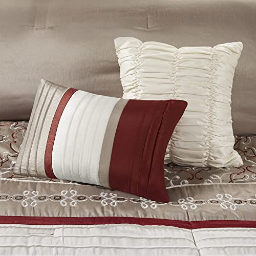 Madison Park Essentials Jelena Room in A Bag Faux Silk Comforter Classic Luxe All Season Down Alternative Bedding, Matching Bedskirt, Curtains, Decorative Pillows, Queen(90"x90"), Red 24 Piece