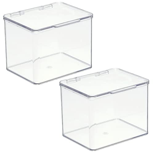 mDesign Plastic Bathroom Storage Organizer Box with Hinge Lid for Closet, Shelf, Cupboard, or Vanity, Hold Medicine, Soap, Lotion, Cotton Swabs, Masks, Styling Tools, Lumiere Collection, 2 Pack, Clear