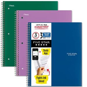 five star spiral notebooks + study app, 3 pack, 3 subject, college ruled paper, 11" x 8-1/2", 150 sheets, green, purple, blue (38820)