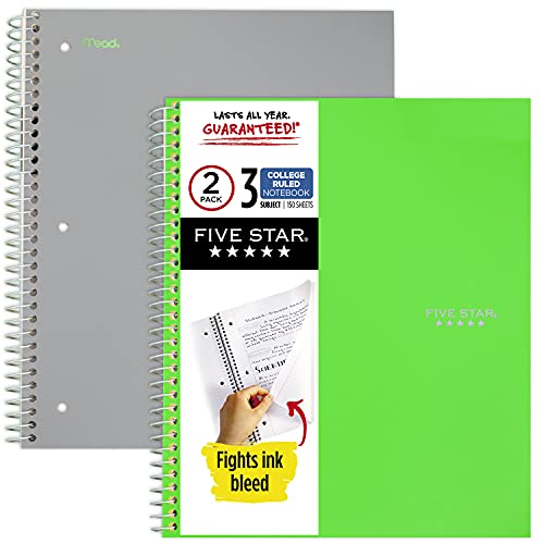 Five Star Spiral Notebooks, 3 Subject, College Ruled Paper, 150 Sheets, 11" x 8-1/2", Gray, Lime, 2 Pack (38819)