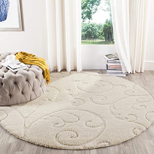 SAFAVIEH Florida Shag Collection Area Rug - 6'7" Round, Creme & Creme, Scroll Design, Non-Shedding & Easy Care, 1.2-inch Thick Ideal for High Traffic Areas in Living Room, Bedroom (SG455-1111)