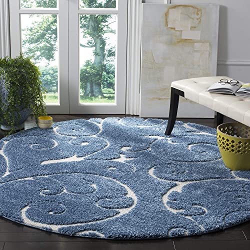 SAFAVIEH Florida Shag Collection Area Rug - 6'7" Round, Creme & Creme, Scroll Design, Non-Shedding & Easy Care, 1.2-inch Thick Ideal for High Traffic Areas in Living Room, Bedroom (SG455-1111)