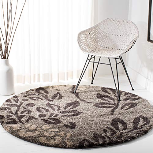 SAFAVIEH Florida Shag Collection Area Rug - 5' Round, Smoke & Dark Brown, Floral Design, Non-Shedding & Easy Care, 1.2-inch Thick Ideal for High Traffic Areas in Living Room, Bedroom (SG456-7928)