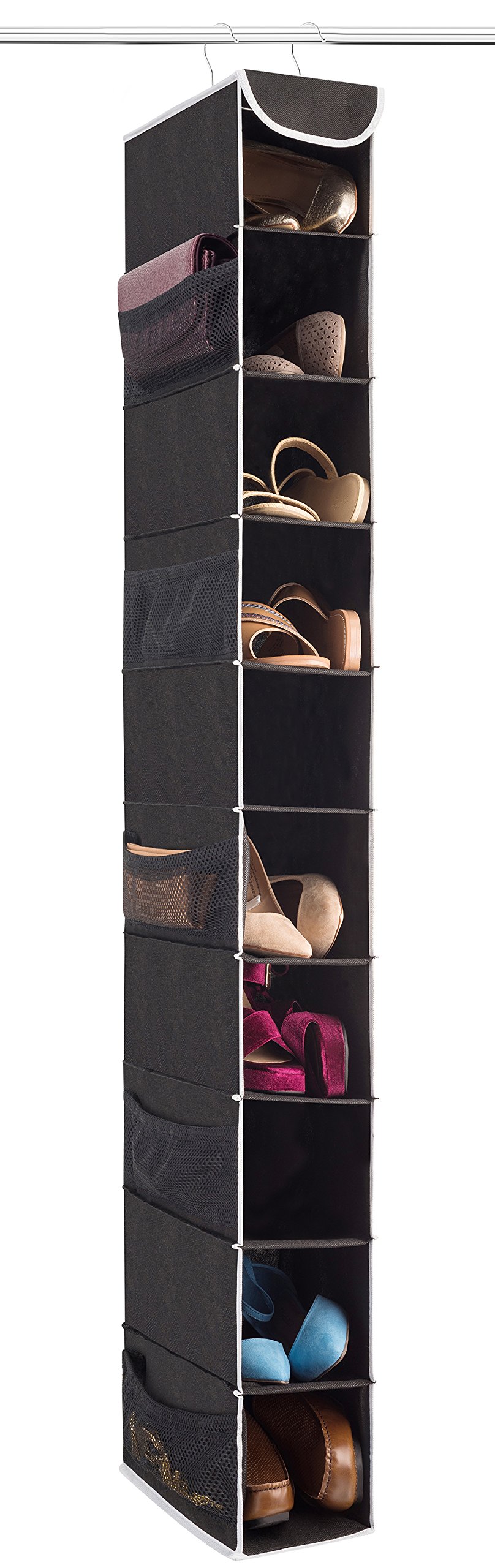 ZOBER Hanging Shoe Organizer for Closet - 10-Shelf Hanging Shoe Rack W/Side Mesh Pockets - 1 Pack Space Saving Shoe Holder (Black)