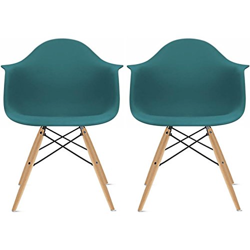 2xhome Modern Dining Side Chairs from Molded Plastic Armchair Shell with Natural Wooden Legs, Teal, Set of 2