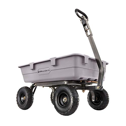 Gorilla Carts 800 Pound Capacity Heavy Duty Poly Yard Garden Steel Dump Utility Wheelbarrow Wagon Cart with 2 in 1 Towing ATV Handle, Gray