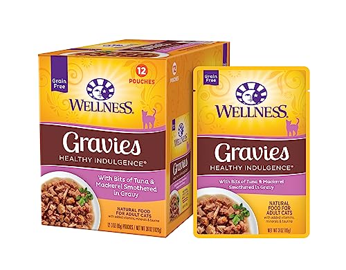 Wellness Healthy Indulgence Gravies Grain-Free Wet Cat Food, Made with Natural Ingredients and Quality Proteins, Complete and Balanced Meal, 3 oz Pouches (Tuna & Mackeral in Gravy, 24 Pack)