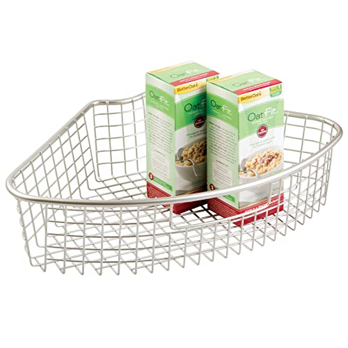 mDesign Farmhouse Metal Kitchen Cabinet Lazy Susan Storage Organizer Basket with Front Handle - Large Pie-Shaped 1/4 Wedge, 4.4" Deep Container - Satin