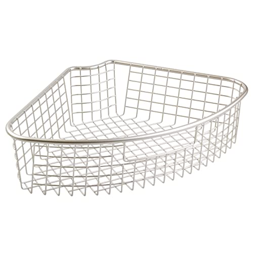 mDesign Farmhouse Metal Kitchen Cabinet Lazy Susan Storage Organizer Basket with Front Handle - Large Pie-Shaped 1/4 Wedge, 4.4" Deep Container - Satin