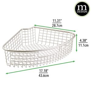 mDesign Farmhouse Metal Kitchen Cabinet Lazy Susan Storage Organizer Basket with Front Handle - Large Pie-Shaped 1/4 Wedge, 4.4" Deep Container - Satin