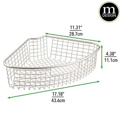 mDesign Farmhouse Metal Kitchen Cabinet Lazy Susan Storage Organizer Basket with Front Handle - Large Pie-Shaped 1/4 Wedge, 4.4" Deep Container - Satin