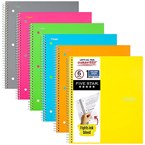 Five Star Spiral Notebooks, 1 Subject, College Ruled Paper, 100 Sheets, 11 x 8-1/2 inches, Assorted Colors, 6 Pack (38057)