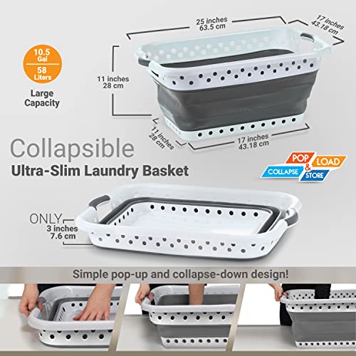 Pop & Load Collapse & Store 1 Large 25" Slim Collapsible Plastic Laundry Basket, Space Saving Portable Pop Up Storage & Organization Basket, 3" High When Folded, Dual Comfort Grip Handles, Grey