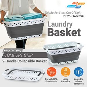 Pop & Load Collapse & Store 1 Large 25" Slim Collapsible Plastic Laundry Basket, Space Saving Portable Pop Up Storage & Organization Basket, 3" High When Folded, Dual Comfort Grip Handles, Grey