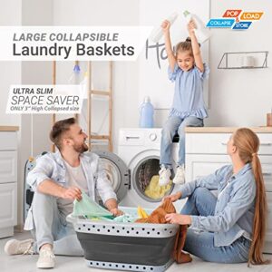 Pop & Load Collapse & Store 1 Large 25" Slim Collapsible Plastic Laundry Basket, Space Saving Portable Pop Up Storage & Organization Basket, 3" High When Folded, Dual Comfort Grip Handles, Grey