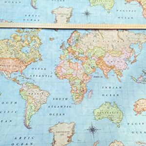 HomeBuy World Map 3 Designer Curtain Upholstery Cotton Fabric Material - 280Cm Extra Wide - Sky Blue (Sold The Yard)