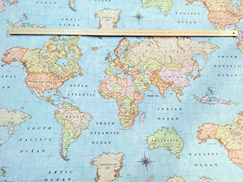 HomeBuy World Map 3 Designer Curtain Upholstery Cotton Fabric Material - 280Cm Extra Wide - Sky Blue (Sold The Yard)