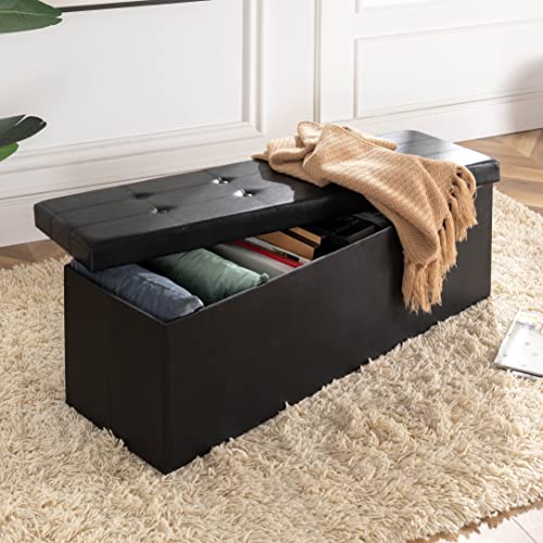 Otto & Ben Folding Chest with Memory Foam Seat Tufted Faux Leather Trunk Bedroom Ottomans Bench End Table, 45 Inch, Black