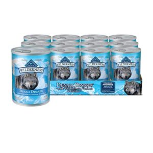 blue buffalo wilderness denali dinner high protein, natural wet dog food, wild salmon, venison & halibut 12.5-oz cans (pack of 12)