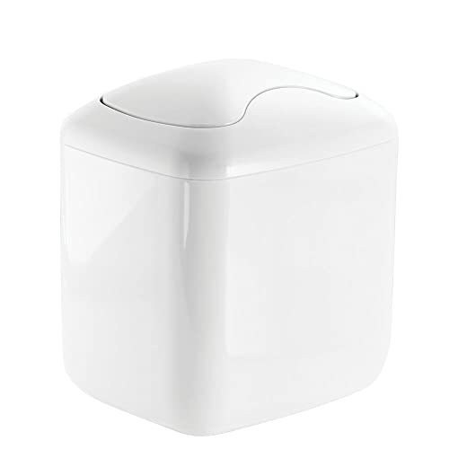 mDesign Plastic Square Mini Wastebasket Trash Can with Swing Lid for Bathroom Vanity, Makeup Table, Inside Cabinet, Cupboard - Holds Garbage, Waste, Recycle - Aura Collection - White