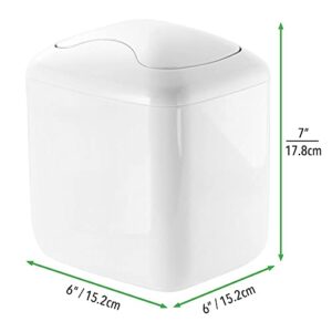 mDesign Plastic Square Mini Wastebasket Trash Can with Swing Lid for Bathroom Vanity, Makeup Table, Inside Cabinet, Cupboard - Holds Garbage, Waste, Recycle - Aura Collection - White