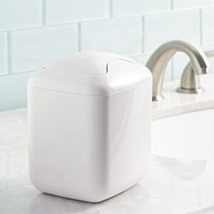 mDesign Plastic Square Mini Wastebasket Trash Can with Swing Lid for Bathroom Vanity, Makeup Table, Inside Cabinet, Cupboard - Holds Garbage, Waste, Recycle - Aura Collection - White