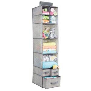 mdesign fabric over closet rod hanging storage organizer with 7 open cube shelves and 3 removable drawers for bedroom, nursery, closet - holds clothes, shoes, diapers - gray