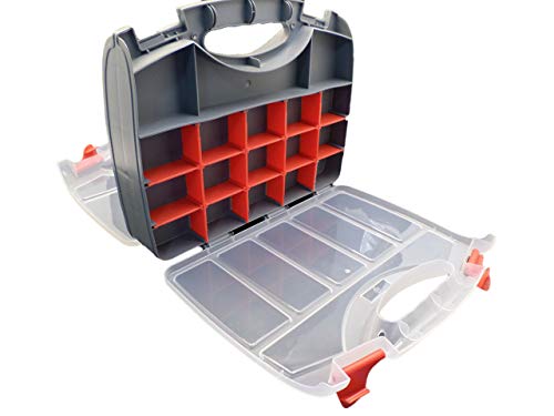 Deluxe Double Sided Storage Organizer Carrying Case with 36 Compartments - Used as a Tacklebox/Tool box/Craft Sorter. Holds Fasteners/Screws/Fishing/Tackle/Tools/Crafts/Beads/Electronics/Components